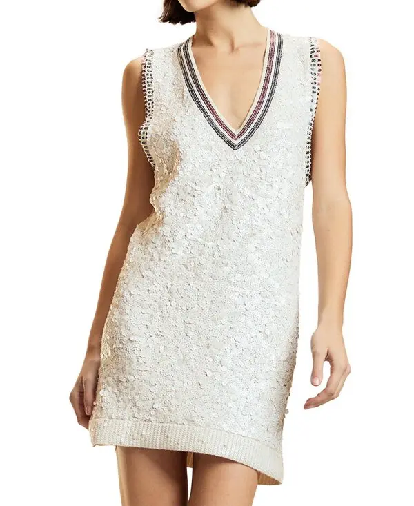 Cynthia Rowley Sequin V-neck Mini Knit Dress - White