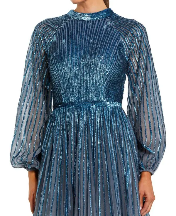 Mac Duggal Petite Ombre Beaded Bishop Sleeve A-line Gown