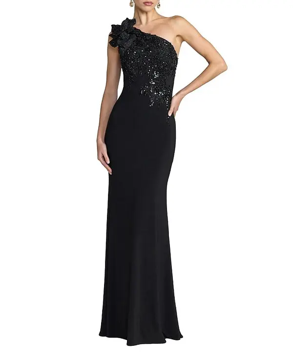 Mac Duggal One Shoulder Gown With 3d Flower Applique