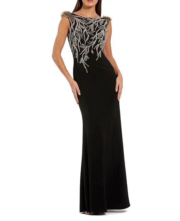 Mac Duggal Hand Beaded Cap Sleeve Jersey Gown - Black