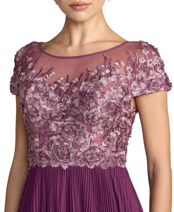 Mac Duggal Petite Embroidered Cap Sleeve High Neck Gown