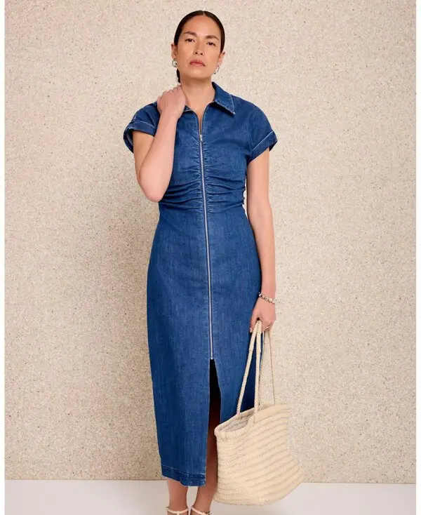 Mint Velvet Denim Ruched Waist Midi Shirt Dress