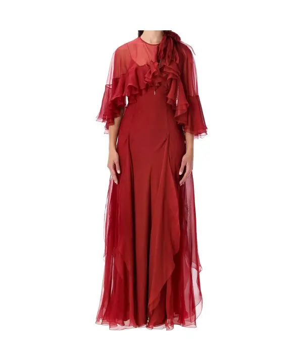 Alberta Ferretti Satin Chiffon Gown With Tiered Ruffled Shawl - No