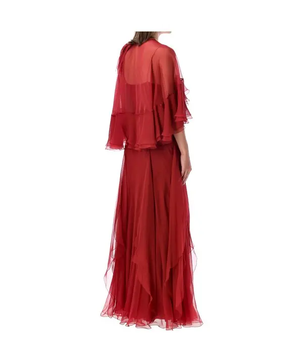 Alberta Ferretti Satin Chiffon Gown With Tiered Ruffled Shawl - No