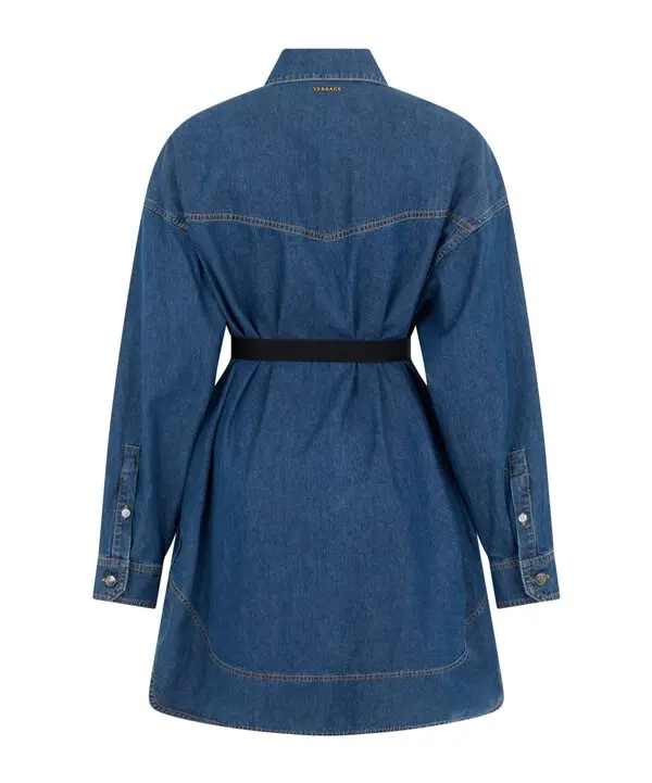 Versace Chambray Denim Mini Dress With Medusa Hardware - Light Blue