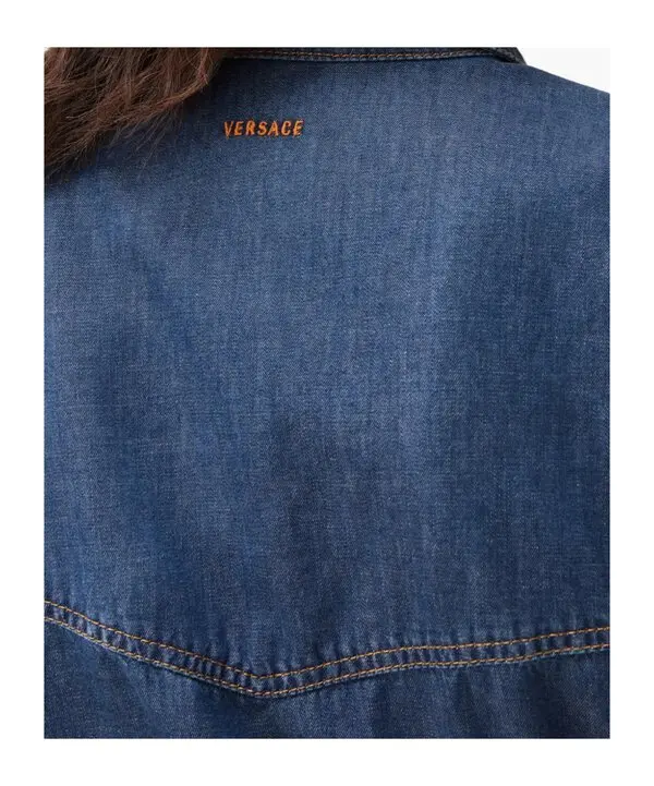 Versace Chambray Denim Mini Dress With Medusa Hardware - Light Blue