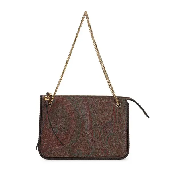 Etro Arnica Crossbody Clutch Bag In Paisley Jacquard With Braided Leather And Gold Tone Chain Strap - Brown