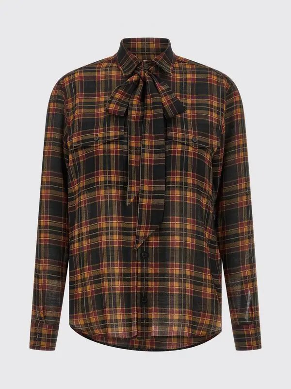 Saint Laurent Long Sleeve Plaid Shirt With Pussy Bow - Multicolor