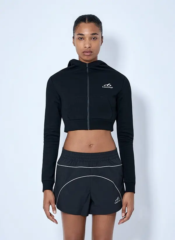 Balenciaga Cropped Zip-up Hoodie With Embroidered Logo - Black