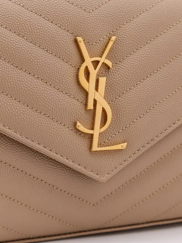 Saint Laurent Leather With Metal Cassandre Logo Shoulder Bag - Beige