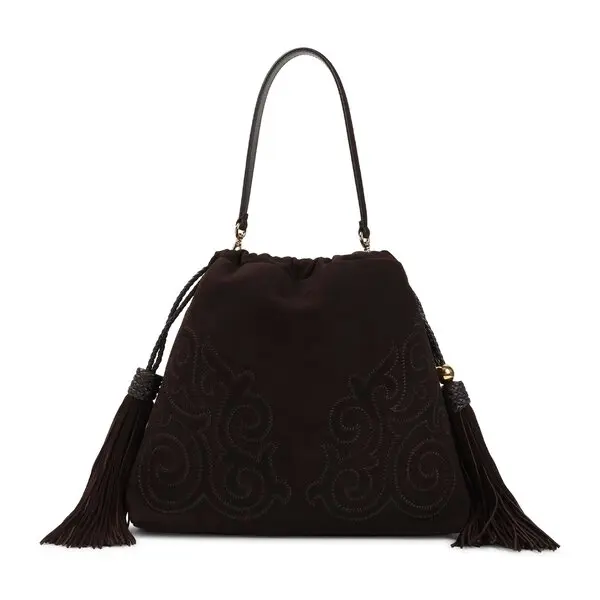 Etro Kalispera Medium Suede Bucket Bag With Fringe And Tassels