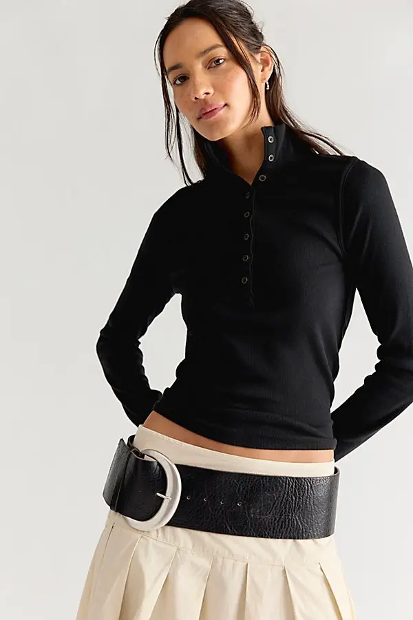 Free People We The Free Ribbed Henley Top With Classic Collar - Black