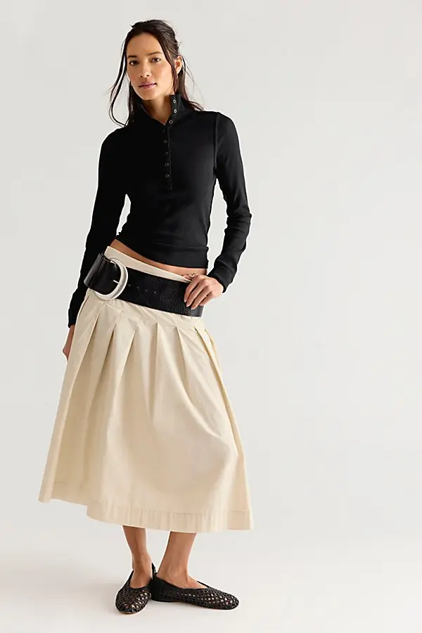 Free People We The Free Ribbed Henley Top With Classic Collar - Black