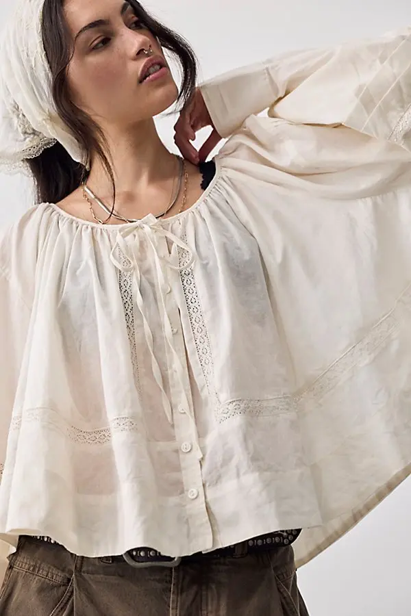 Free People We The Free La Lune Embroidered Blouse - Tofu