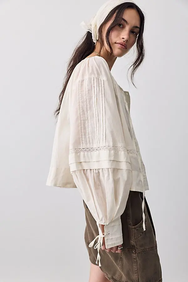 Free People We The Free La Lune Embroidered Blouse - Tofu