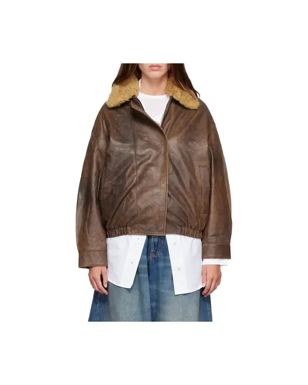 R13 Leather Jacket With Zipper And Shearling Collar - Brown