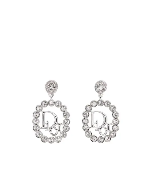 Dior Crystal Oblique Motif Drop Earrings - Silver
