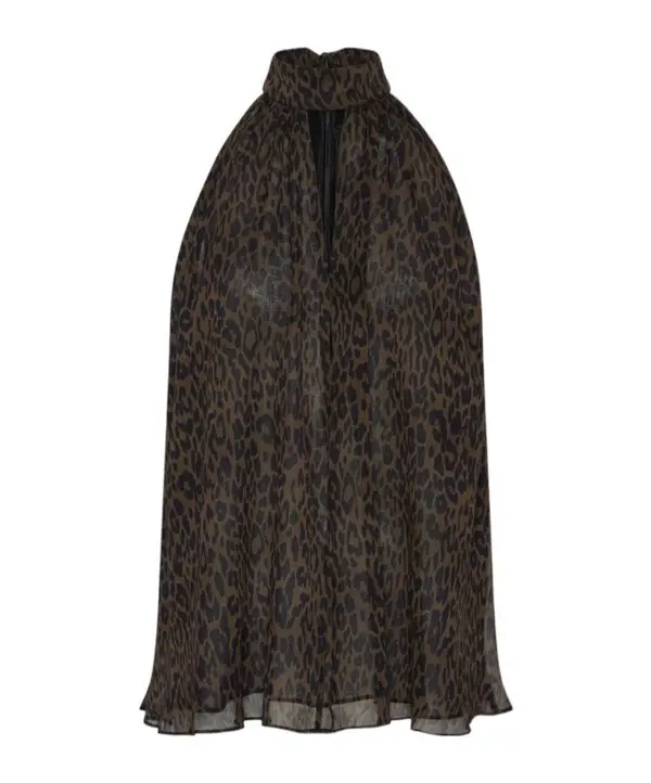 ROTATE BY BIRGER CHRISTENSEN Fleur Halterneck Leopard Print Bow Detail Top - Dark Brown