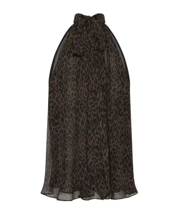 ROTATE BY BIRGER CHRISTENSEN Fleur Halterneck Leopard Print Bow Detail Top - Dark Brown