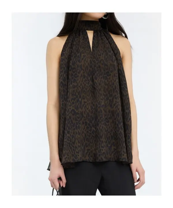 ROTATE BY BIRGER CHRISTENSEN Fleur Halterneck Leopard Print Bow Detail Top - Dark Brown