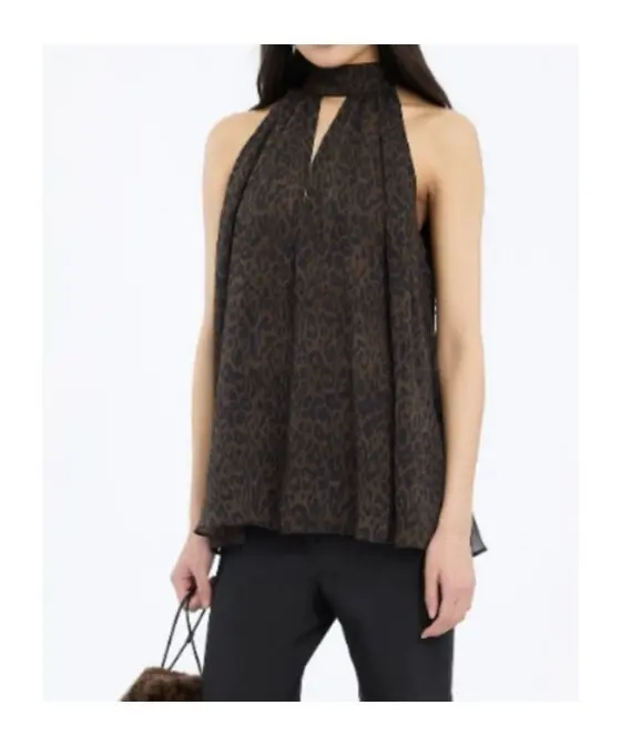 ROTATE BY BIRGER CHRISTENSEN Fleur Halterneck Leopard Print Bow Detail Top - Dark Brown