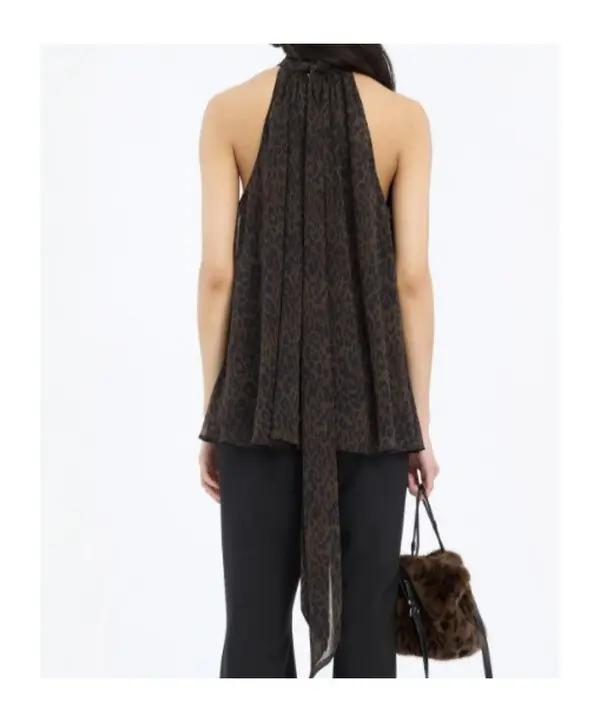 ROTATE BY BIRGER CHRISTENSEN Fleur Halterneck Leopard Print Bow Detail Top - Dark Brown