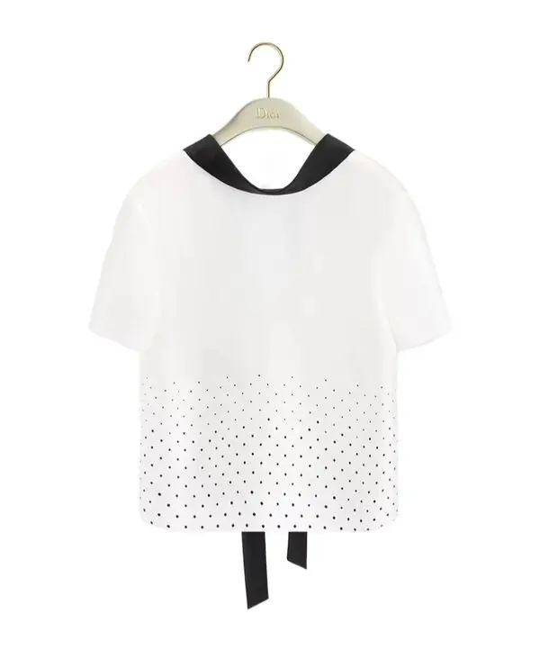 Dior Short Sleeve Blouse With Rear Tie And Embroidered Ribbon Detail