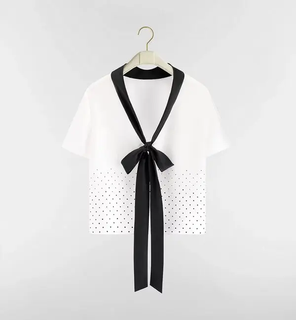 Dior Short Sleeve Blouse With Rear Tie And Embroidered Ribbon Detail