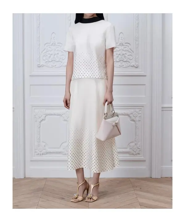Dior Short Sleeve Blouse With Rear Tie And Embroidered Ribbon Detail