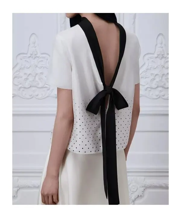 Dior Short Sleeve Blouse With Rear Tie And Embroidered Ribbon Detail