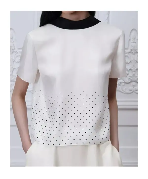 Dior Short Sleeve Blouse With Rear Tie And Embroidered Ribbon Detail