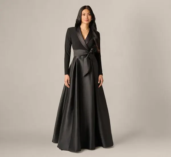 Adrianna Papell Long Sleeve Sash Belt Tuxedo Combo Gown - Black