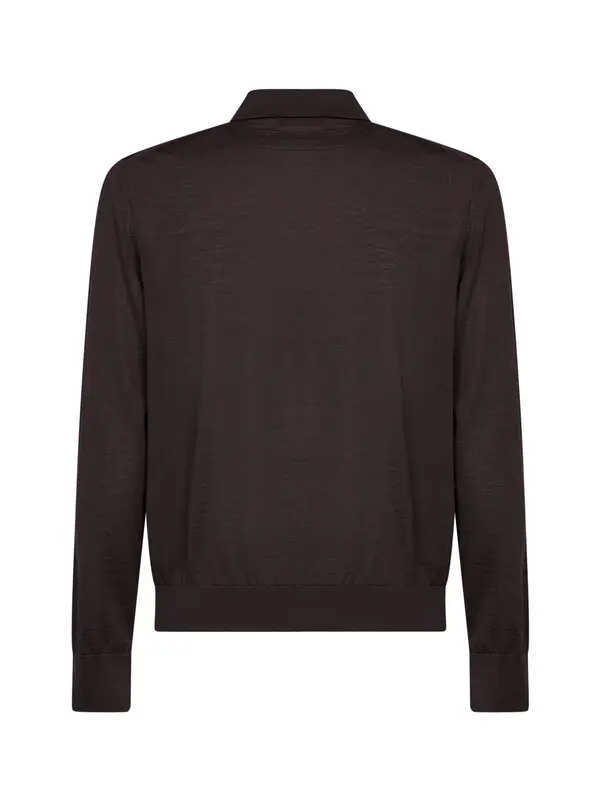 Prada Abbigliamento Dark Brown Combed Wool Long-sleeved Polo Shirt
