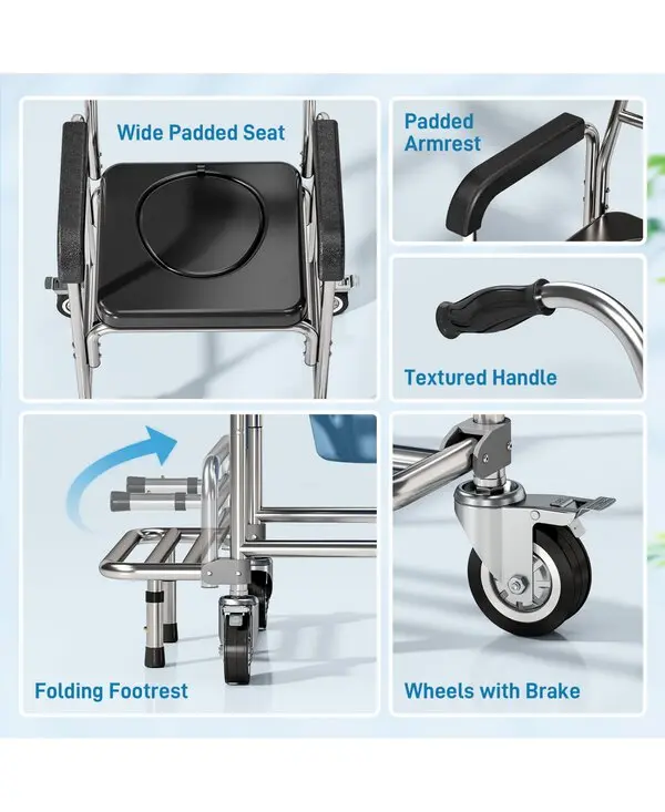 HOMCOM Personal Mobility Assist Waterproof Commode Shower Toilet Transport Wheelchair