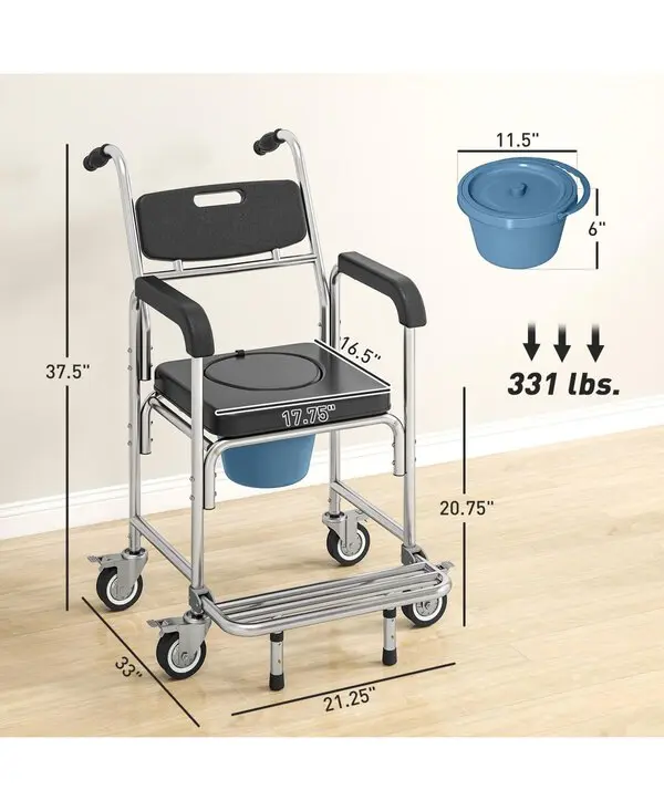HOMCOM Personal Mobility Assist Waterproof Commode Shower Toilet Transport Wheelchair