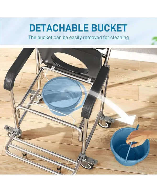 HOMCOM Personal Mobility Assist Waterproof Commode Shower Toilet Transport Wheelchair