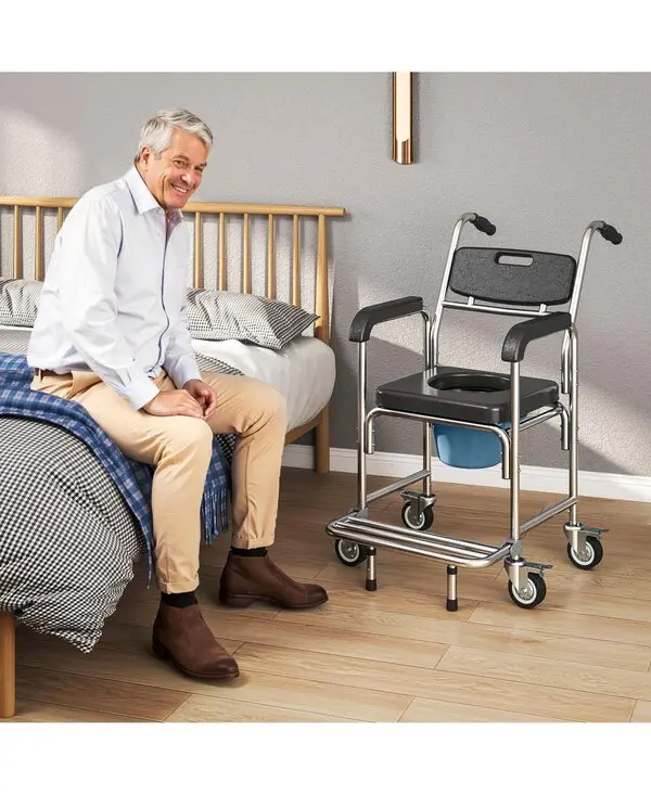 HOMCOM Personal Mobility Assist Waterproof Commode Shower Toilet Transport Wheelchair