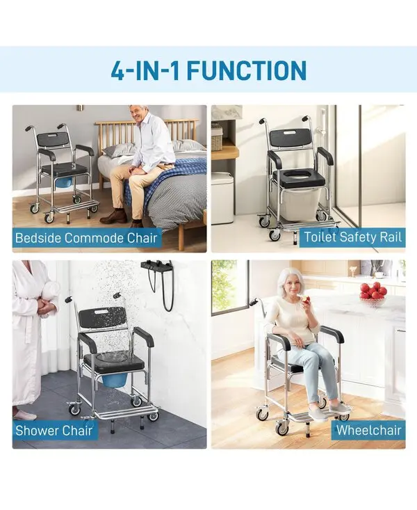 HOMCOM Personal Mobility Assist Waterproof Commode Shower Toilet Transport Wheelchair