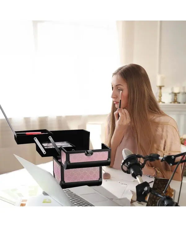 BYOOTIQUE Makeup Train Case Cosmetic Organizer W/ Mirror Artist Grace Forgetmenot - Pink