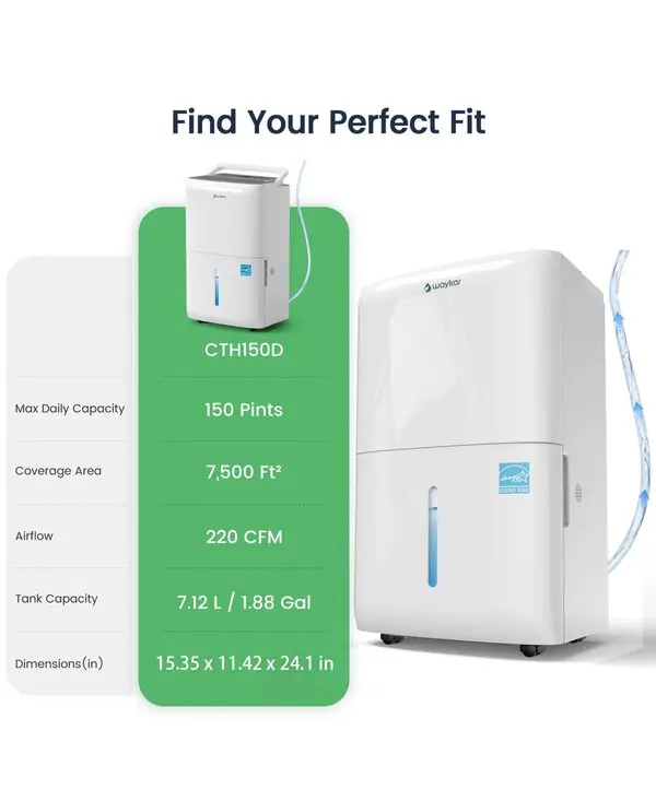 WAYKAR Energy Star 150 Pint Dehumidifier With Pump-up To 7