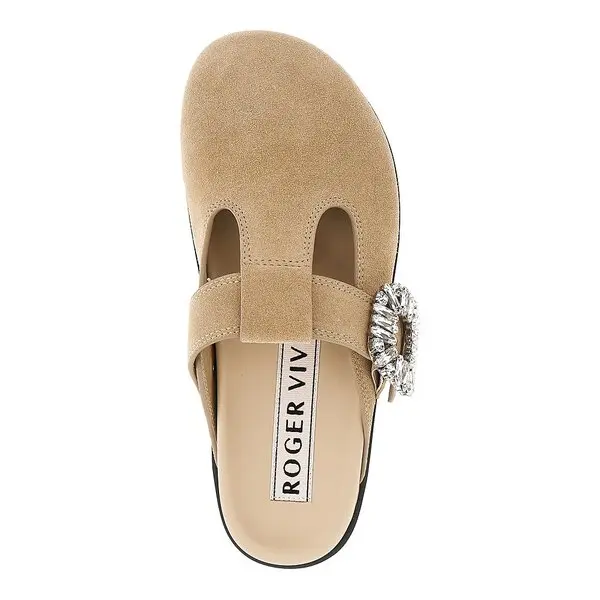 ROGER VIVIER Suede Leather Mules With Crystal Embellished Buckle - Cream