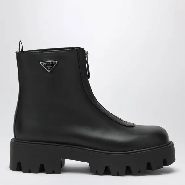 Prada Calfskin Zip-up Ankle Boots With Lug Sole - Black