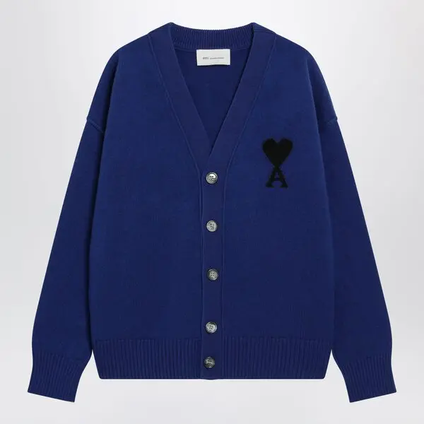 AMI Paris Wool Cardigan With De Coeur Logo - Blue