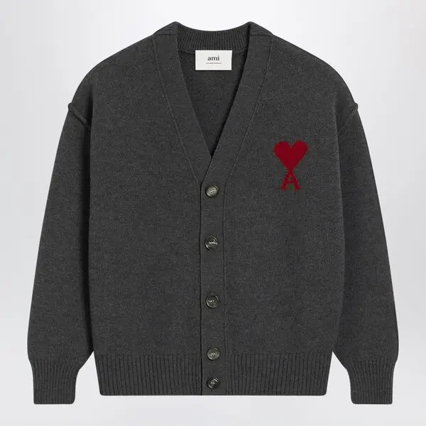 AMI Paris Wool Cardigan With De Coeur Logo - Gray