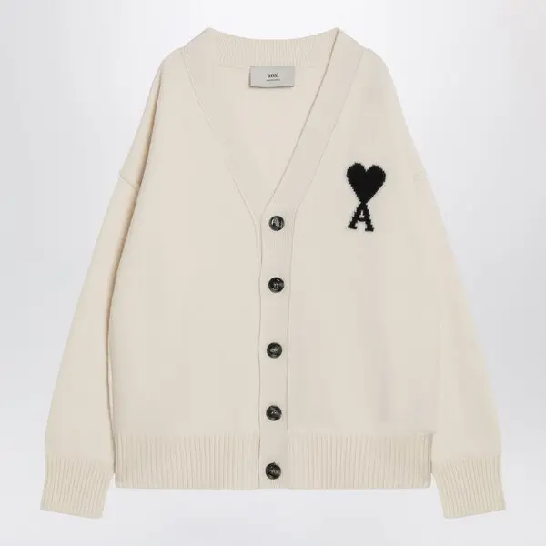 AMI Paris Wool Cardigan With De Coeur Logo - White
