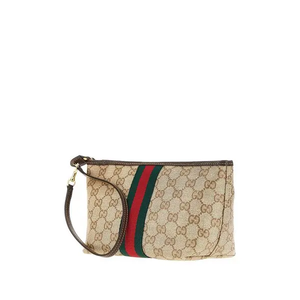 Gucci Gg Supreme Pouch With Web Ribbon - Cream