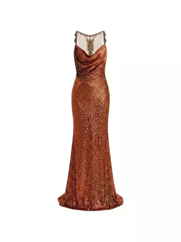 GEMY MAALOUF Sequined Cowl Neck Gown With Beaded Straps