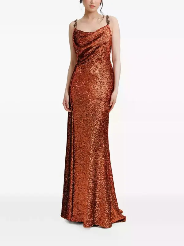 GEMY MAALOUF Sequined Cowl Neck Gown With Beaded Straps
