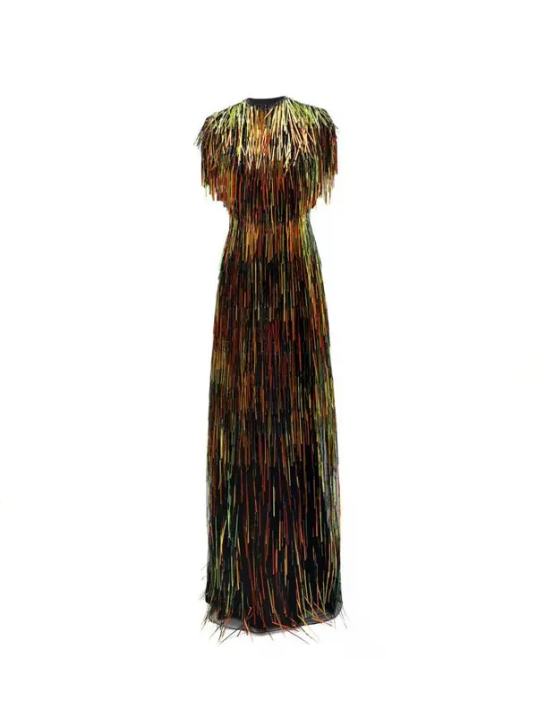 GEMY MAALOUF Embellished Beaded Fringe Gown
