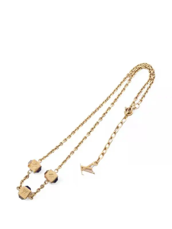 LOUIS VUITTON Tone Rhinestone Embellished Cube Charm Necklace - Gold